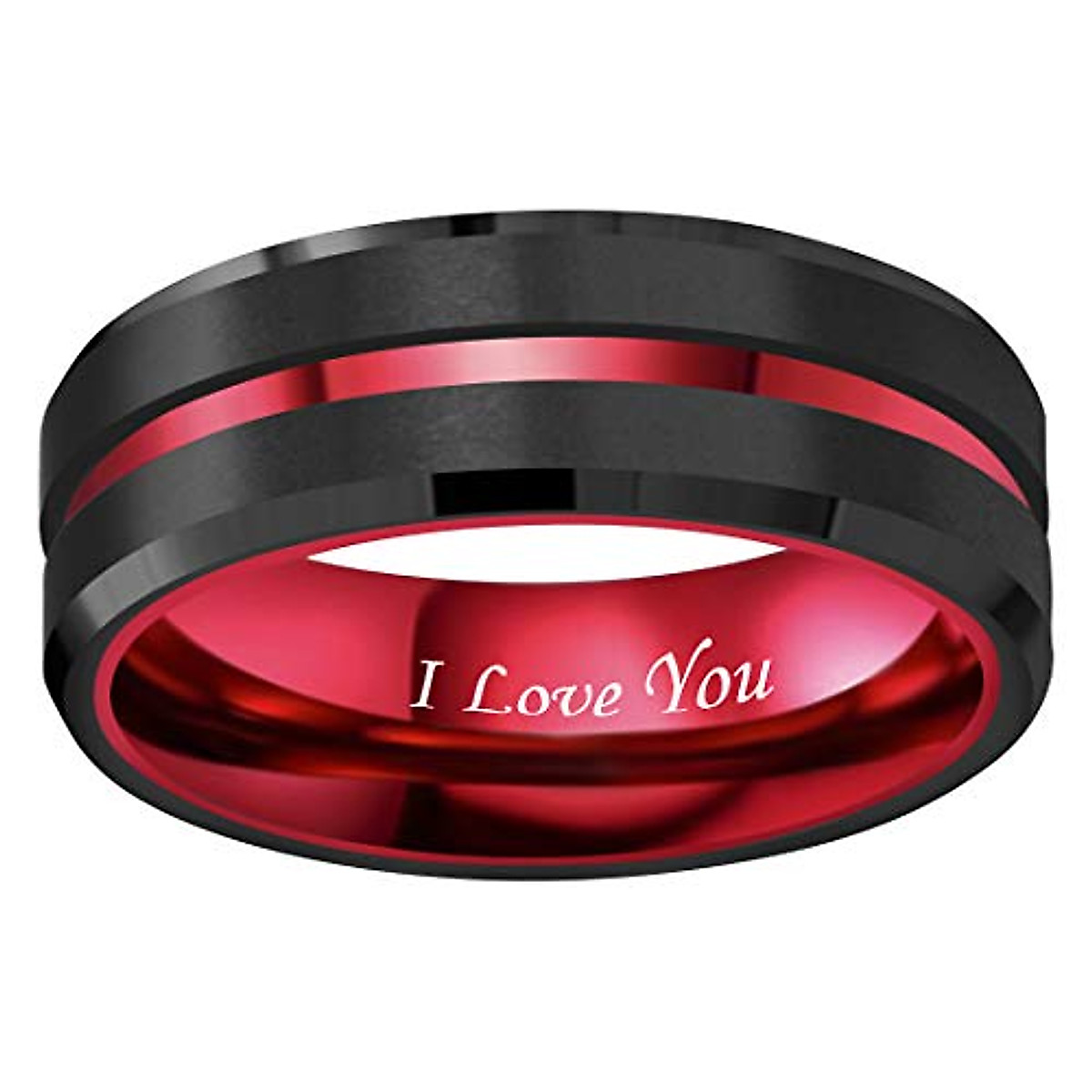RoyalKay 8mm Red Black Tungsten Wedding Band Ring Men Women Matte Finish Red Grooved Engraved I Love You Comfort Fit Size 6 To 16(8mm,10)