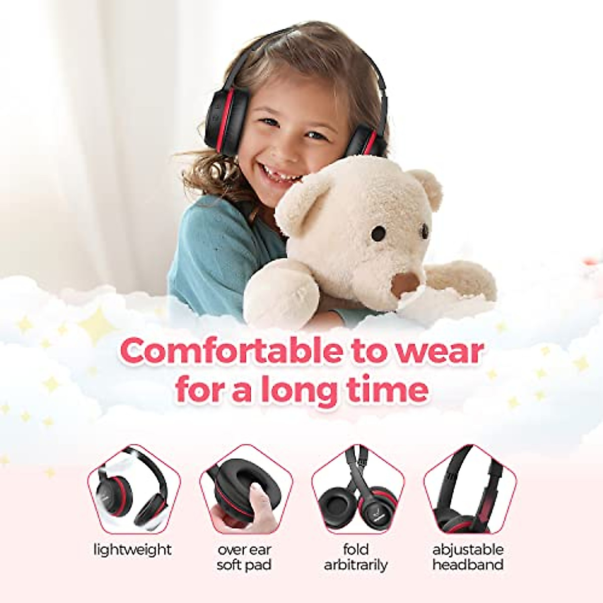 vinamass Kids Bluetooth Headphones, 22H Playtime, Bluetooth 5.0 & Built-in Mic, Noise Cancelling Headphones for Kids, Adjustable Headband, for School Home iPad Tablet Airplane