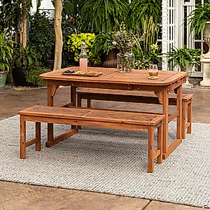 Walker Edison 6-8 Person Outdoor Wood Chevron Patio Furniture Dining Set Extendable Table Bench All Weather Backyard Conversation Garden Poolside Balcony, 3 Piece, Brown