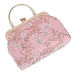 Rejolly Women Vintage Kiss Lock Clutch Handbag Floral Evening Purse Crossbody Shoulder Bag with Chain Strap (Pink)