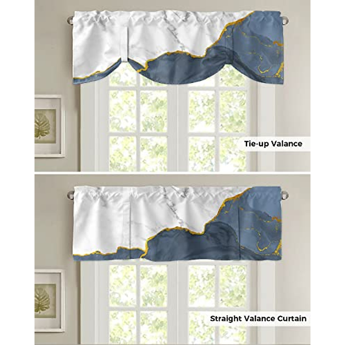 Tie Up Curtain Valance for Kitchen,Marble Texture Watercolor Blue Gold and White Colors Window Valances Adjustable Tie-up Shade Valance,Ink Painting Rod Pocket Short Curtains for Bathroom 60x18in
