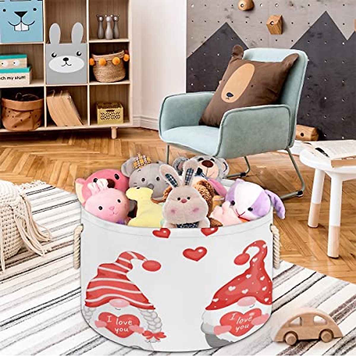 Valentine Cute Gnomes Love Heart (11) Large Round Baskets for Storage Laundry Baskets with Handles Blanket Storage Basket for Bathroom Shelves Bins for Organizing Nursery Hamper Girl Boy