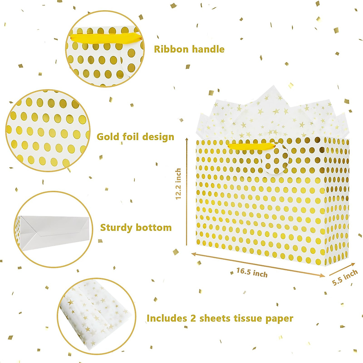 OFIHANLY 16.5" Extra Large Birthday Gift Bag with Handles for Women Men Wedding Bridal Shower Gold Polka Dot Kids Boy Girls Baby Shower Party Paper Bag with Tissue Paper,1Pcs