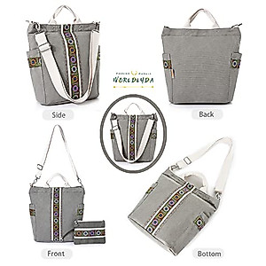 Worldlyda Women Vintage Canvas Tote Retro Hobo Purse Multi Pocket Crossbody Shoulder Bag Casual Top Handle handbag with Embroidery Ethnic (Grey)