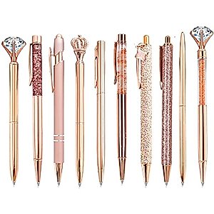 HLPHA 10 Pcs Rose Gold Ballpoint Pen Set Crystal Diamond Metal Liquid Sand Glitter Retractable Pens Black Ink Fancy Gifts for Women Wedding School Office Ballpoint Pens（Rose Gold）
