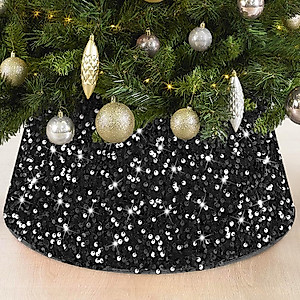 FOTSHARER Black Christmas Tree Collar 23.6 Inches Velvet Christmas Tree Skirt Metal Tree Collar Sequin Christmas Tree Ring Collar for Artificial Trees Rustic Tree Base Box for Xmas Home Ornaments
