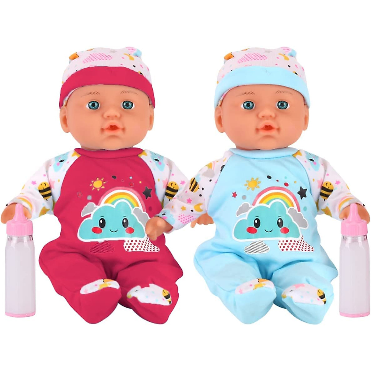Liberty Imports 2 Pack Twin Baby Dolls Playset - 12" Realistic Soft Body Talking Newborn Boy & Girl Toy Dolls with Magic Milk Bottles Accessories for Kids Imaginative Pretend Play Nursing