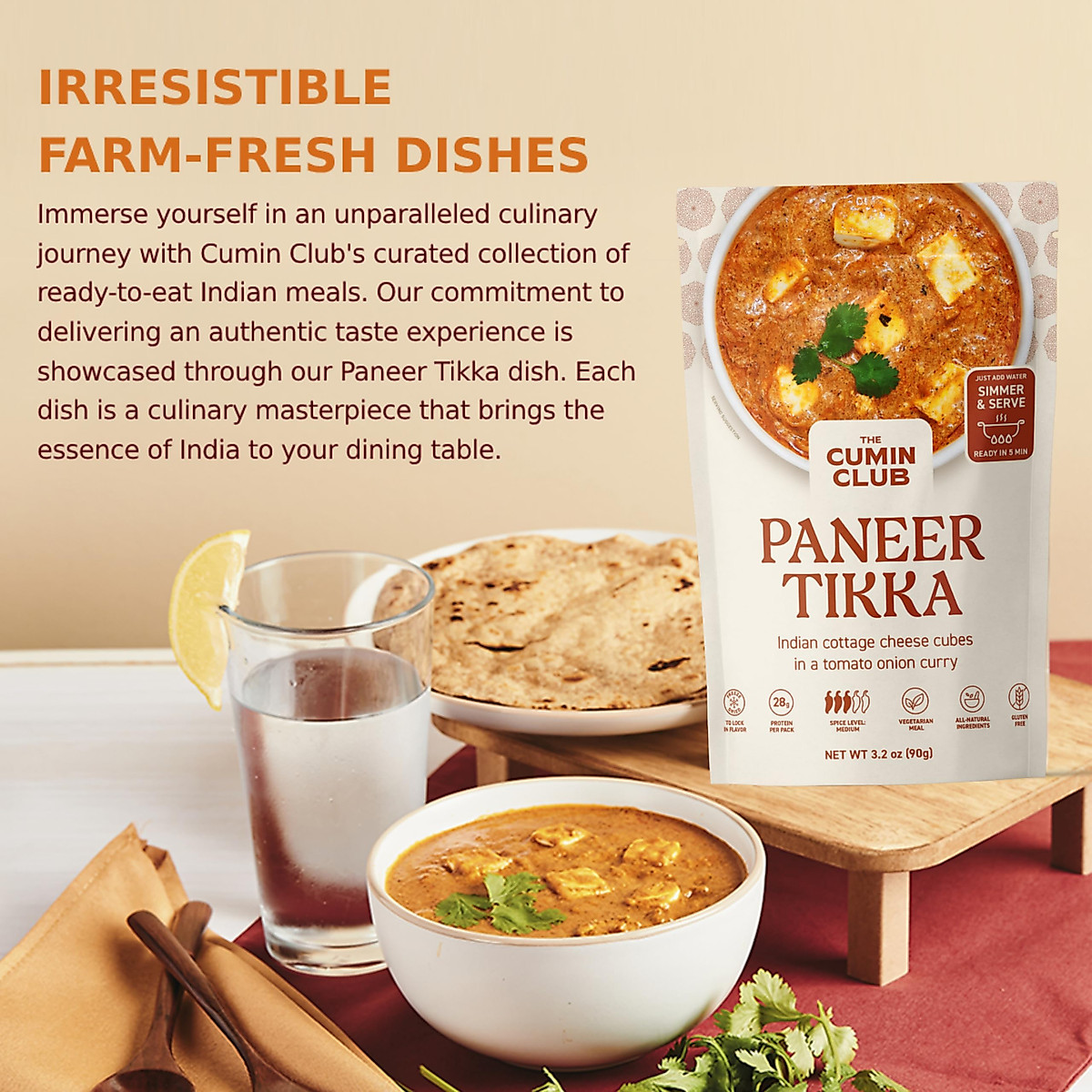 The Cumin Club Indian Ready to Eat Meals Pack of 5 |10 Servings - Paneer Tikka Masala, Sambar Idly, Pav Bhaji, Methi Matar Malai, Dal Tadka - Instant Food Just Add Hot Water, No Preservatives