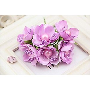 60Pcs, 4Cm Head Dia. Small Fabric Roses with Peal Artificial Silk Cherry, Wire Stem for Wedding Decorations, Hair Garland (Purple)