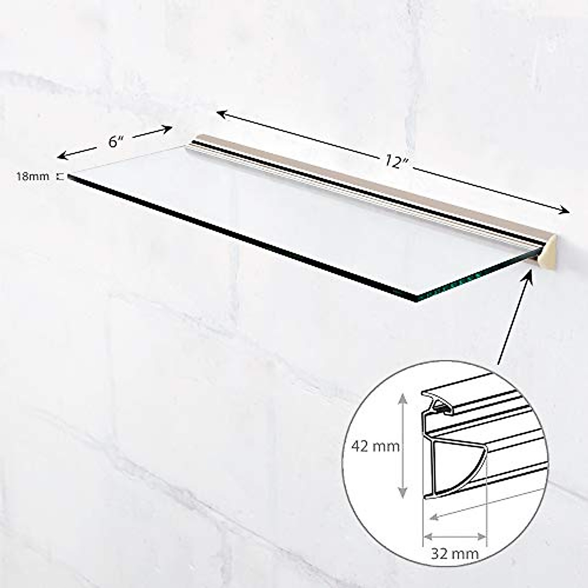 Deco Window 12" X 6" Tempered Glass Shelf for Wall Floating Shelves 8mm Thick Bathroom Storage Organizer with Concealed Mount (Satin Silver)
