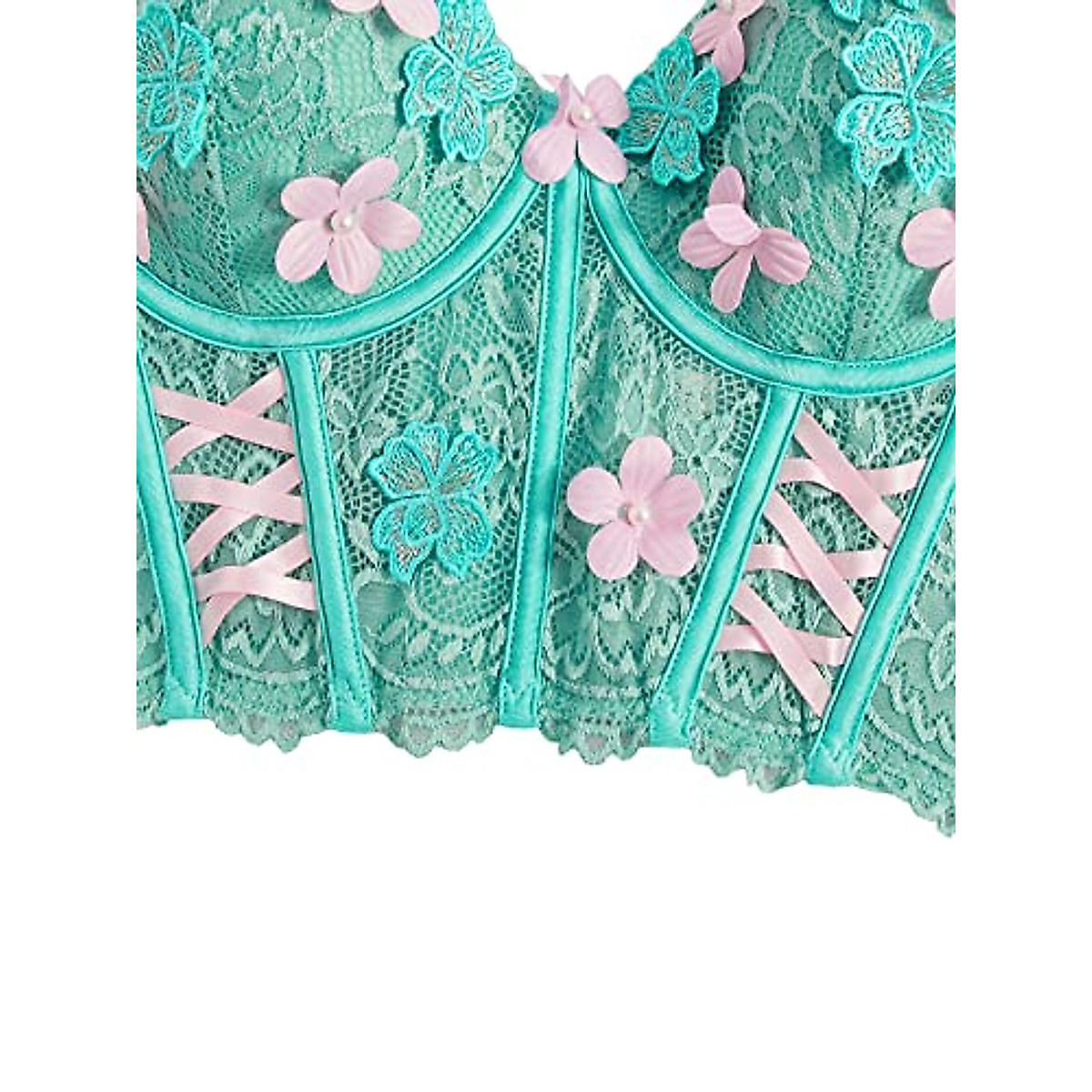 WDIRARA Women's Floral Lace Embroidered Push Up Garter Lingerie Set with Stockings Green M