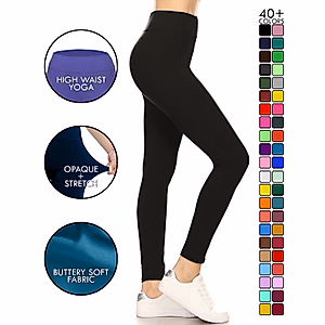 Leggings Depot Women's 3" Waistband Yoga High Waisted Solid Leggings Pants (Full Length, Black, One Size)