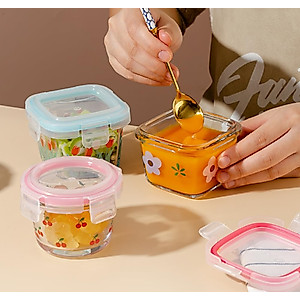 Ivymei 2 Pack Mini Square Round Glass Containers with lids,Small Floral Food Storage Contaiers Glass Food Jars for Food Portion,Dipping Sauce,Snack,Yogurt,Leakproof,Microwave Freezer Safe