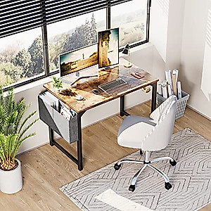 Computer Desk - 40 Inch Office Desk, Writing Desk with Storage and Hooks, Wood Writing Desk for Bedroom, Work Desk for Home Office, PC Table Desk, Rustic Brown