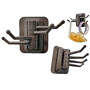 Fineget Adhesive Door Hooks for Hanging Bathroom Kitchen Hooks 4 Rotatable Arms Round Towel Hooks Brown 2 Pairs