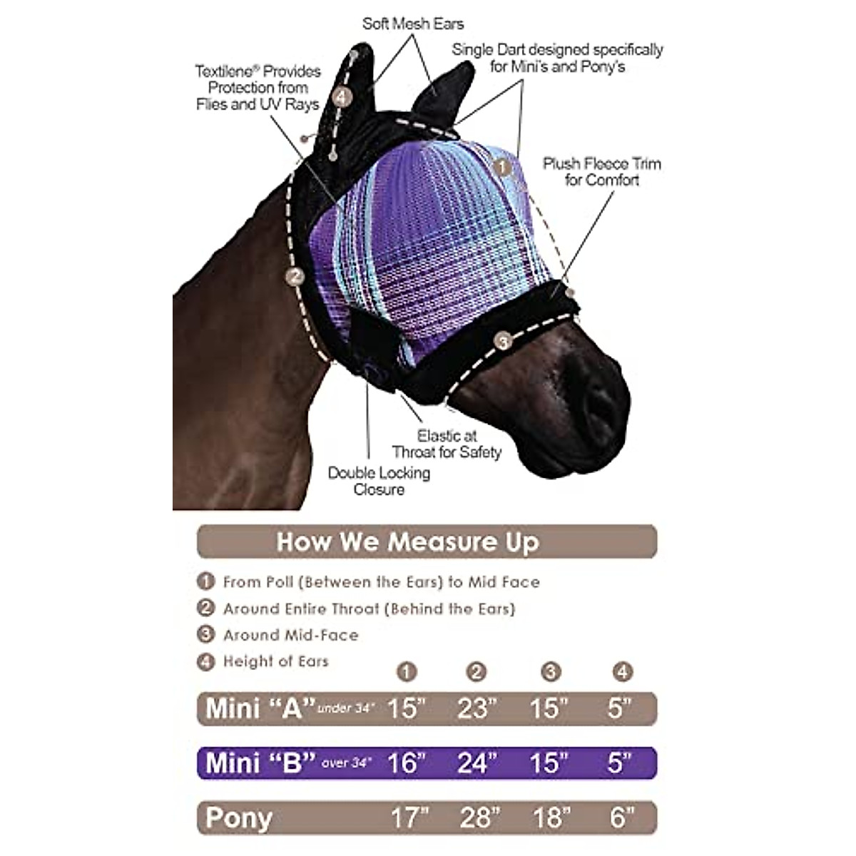 Kensington Fly Mask with Fleece Trim for Horses — Protects Face and Eyes From Flies and UV Rays While Allowing Full Visibility — Breathable and Non Heat Transferring Makes it Perfect Year Round, Large, Deluxe Black Plaid