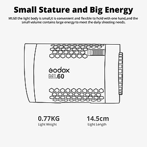 Godox ML60 60W Power in Your Hands LED Video Light,with AD-S60S Softbox,Built-in FX Effects,Silent Mode,Portable Brightness Adjustment Support Li-ion Outdoor LED Light