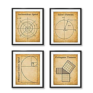 Math Art Prints-Archimedean Spiral, Euler's Formula, Fibonacci Golden Spiral, Pythagoras Theorem-Set of Four Gallery Wall 8x10 Unframed - Gift & Decor For Teachers, Classroom & Math Students Under $20