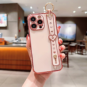 IDweel for iPhone 13 Pro Max Case with Adjustable Wristband Strap Kickstand Loop Heart Luxury Plating,Raised Corners Bumper Shockproof Slim Fit Durable Cover for Women Girls,Rose Gold