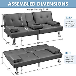 Yaheetech Convertible Sofa Bed Adjustable Couch Sleeper Modern Faux Leather Home Recliner Reversible Loveseat Folding Daybed Guest Bed, Removable Armrests, Cup Holders, 3 Angles, 772lb Capacity, Gray