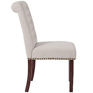 Flash Furniture HERCULES Series Beige Fabric Parsons Chair with Rolled Back, Accent Nail Trim and Walnut Finish