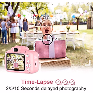 Children Camera, Children Digital Camera, Children Toy Camera with 1080P HD Video, 32GB SD Card, 2.0 Inch IPS Screen, 8 Times Zoom, Timer Shooting, Birthday Gifts for Girls Aged 3-9 Years Pink