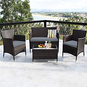 Toolsempire 4 Pieces Patio Sofa Set, Wicker Conversation Set with Ergonomic Curved Backrest, Patio Rattan Furniture Set with Water-Resistant Cushion & Tempered Glass Table for Balcony, Porch (Gray)