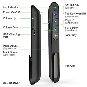 NORWII N76 Wireless Presenter with Green Light, 330FT Ofifice Presentation Remotes Presentation Clicker for Powerpoint Presentations, Presentation Pointer Slide Clicker Supports Hyperlink/Volume