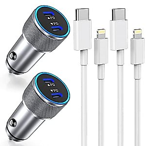 iPhone Fast Car Charger,2Pack Dual Port USB C Car Charger[MFI Certified]Power Delivery Car Adapter with 2Pack Lightning Cable Type C Rapid Car Charging for iPhone 14/14 Pro/13/12/11/X/Xs/Xr/SE/8/iPad