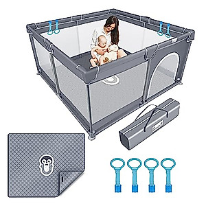 Baby Playpen for Babies and Toddlers with Mat, 50x50 inch Large Baby Playard No Gaps for Indoor & Outdoor, Playpen with Bag, with Playmat, Anti-Slip Base, Li'l Pengyu