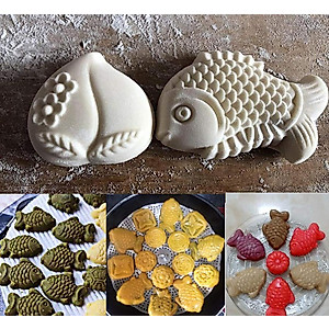 Wood Moon Cake Mold Chinese Traditional Mid-autumn Festival Moon Cake Mold Fish Shou Tao 2 Capacities Wooden Baking Mold for Moon Cake Cookie Pumpkin Pie,with Handle