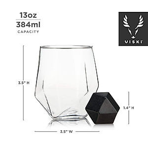 Viski 4-Piece Tumbler and Basalt Stone Set, Set of 2 Glasses, Rocks Glass with Whiskey Stones, Faceted and Hexagonal Design, Set of 4