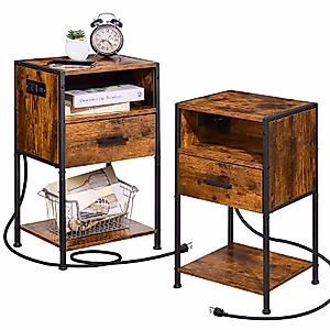 EOYUTLLY Nightstand with Charging Station,End Table with USB Ports & Power Outlets, Night Stands with Storage Drawer for Bedroom Living Room (Rustic Brown Set of 2)