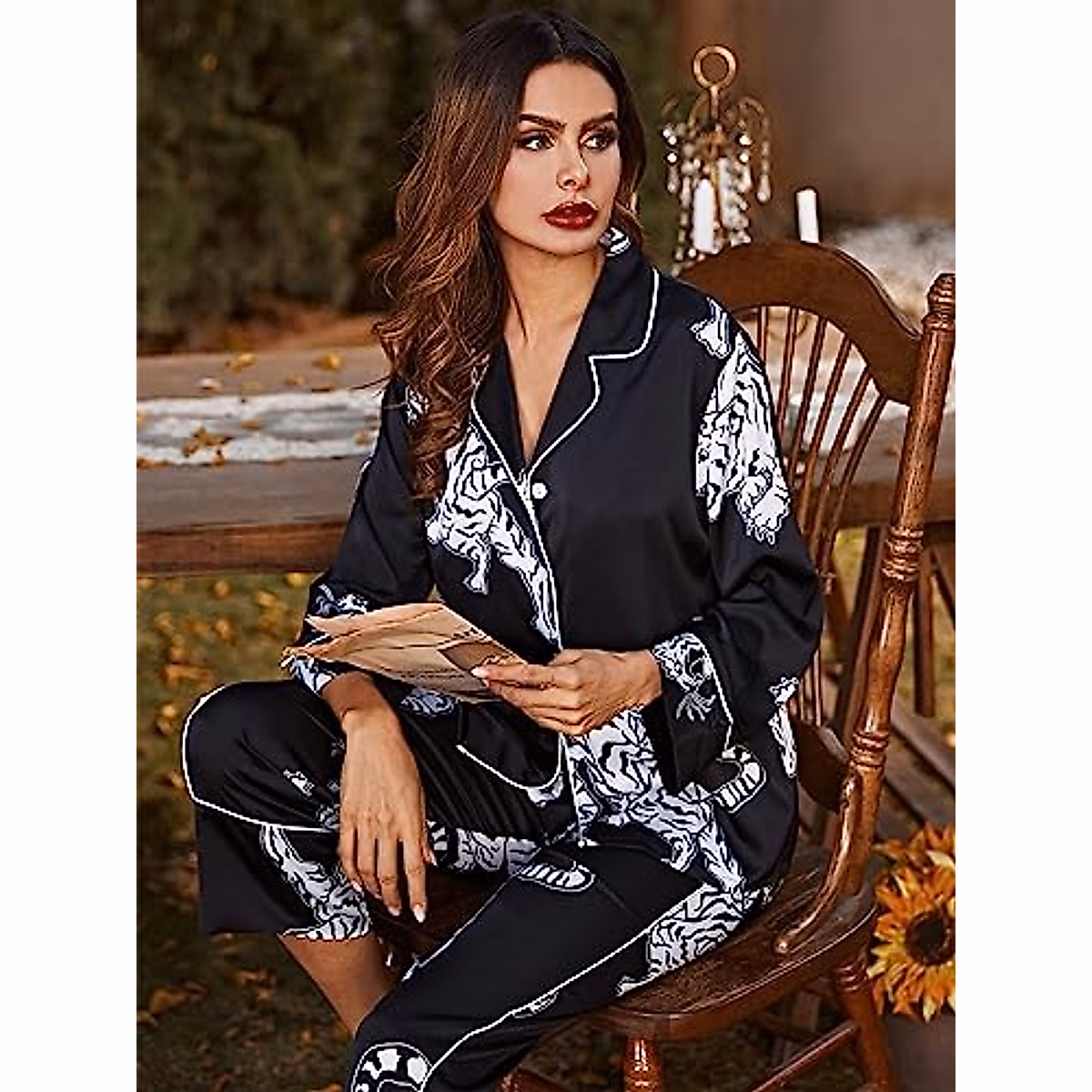 Brosloth Women's Silk Satin Pajamas Pjs Sets Cute Tiger Pattern Two Piece Loungewear Set Button Up Pajamas Sleepwear Black M