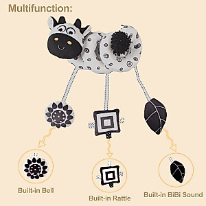 Baby Hanging Stroller Toy, Animal Spiral Plush Circle Activity Car Seat Travel Toys, Black and White Squeak Early Educational Toy for Newborn Boys or Girls