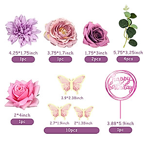 20 PCS Flower Cake Toppers Butterfly Cake Decorations Happy Birthday Cake Toppers with Pink Purple Flowers Eucalyptus Butterflies for Birthday Party Wedding Baby Shower Supplies (Pink Purple)