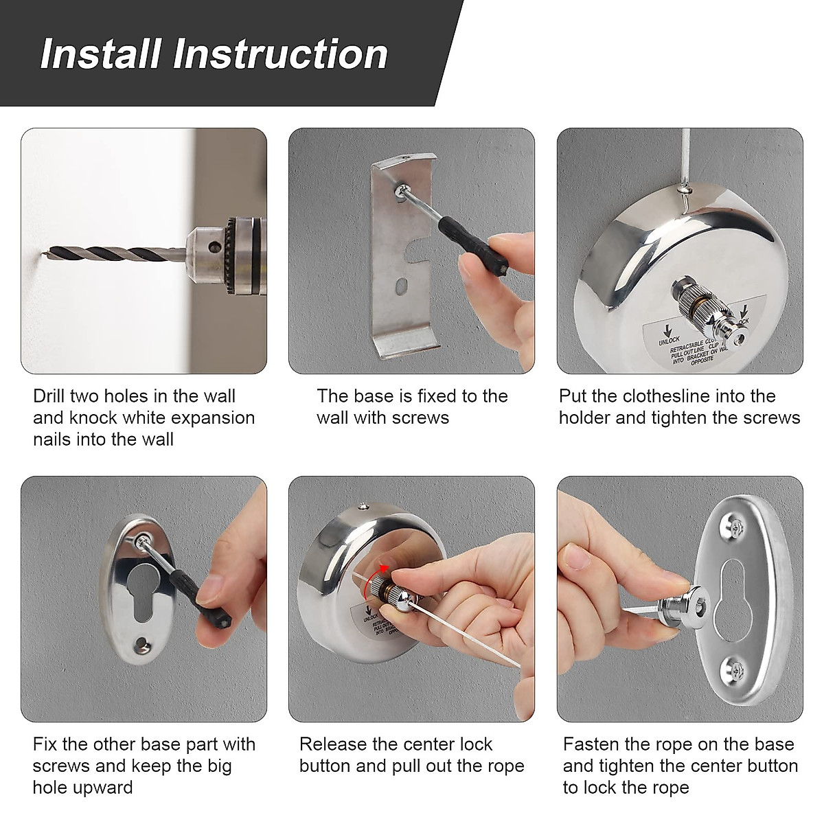 Catcan Retractable Clothesline, Stainless Steel Round Clothes Line Retracting Indoor for Hotel, Bathroom, Laundry with 10 PCS Metal Clothespins Adjustable Rope Shower Clothing Line(9.2FT Nylon String)