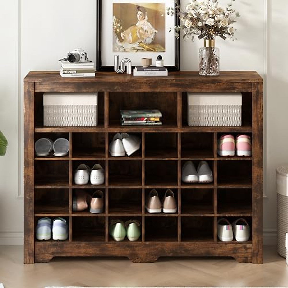 HICOMILA Shoe Cabinet,Sleek Design 24 Shoe Cubby Console, Modern Shoe Cabinet with Curved Base, Versatile Sideboard for Hallway, Bedroom, Living Room, Rustic Brown