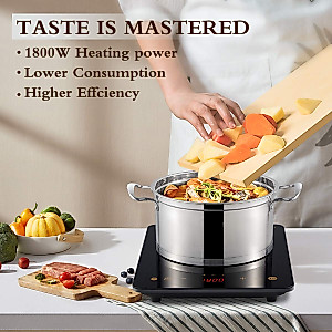 Sunmaki Induction Cooktop,induction hot plate with LED Display,1800W Countertop Burner Portable Black Crystal Glass Surface 10 Temperature 9 Power Setting&3h Timer for Cooking 1