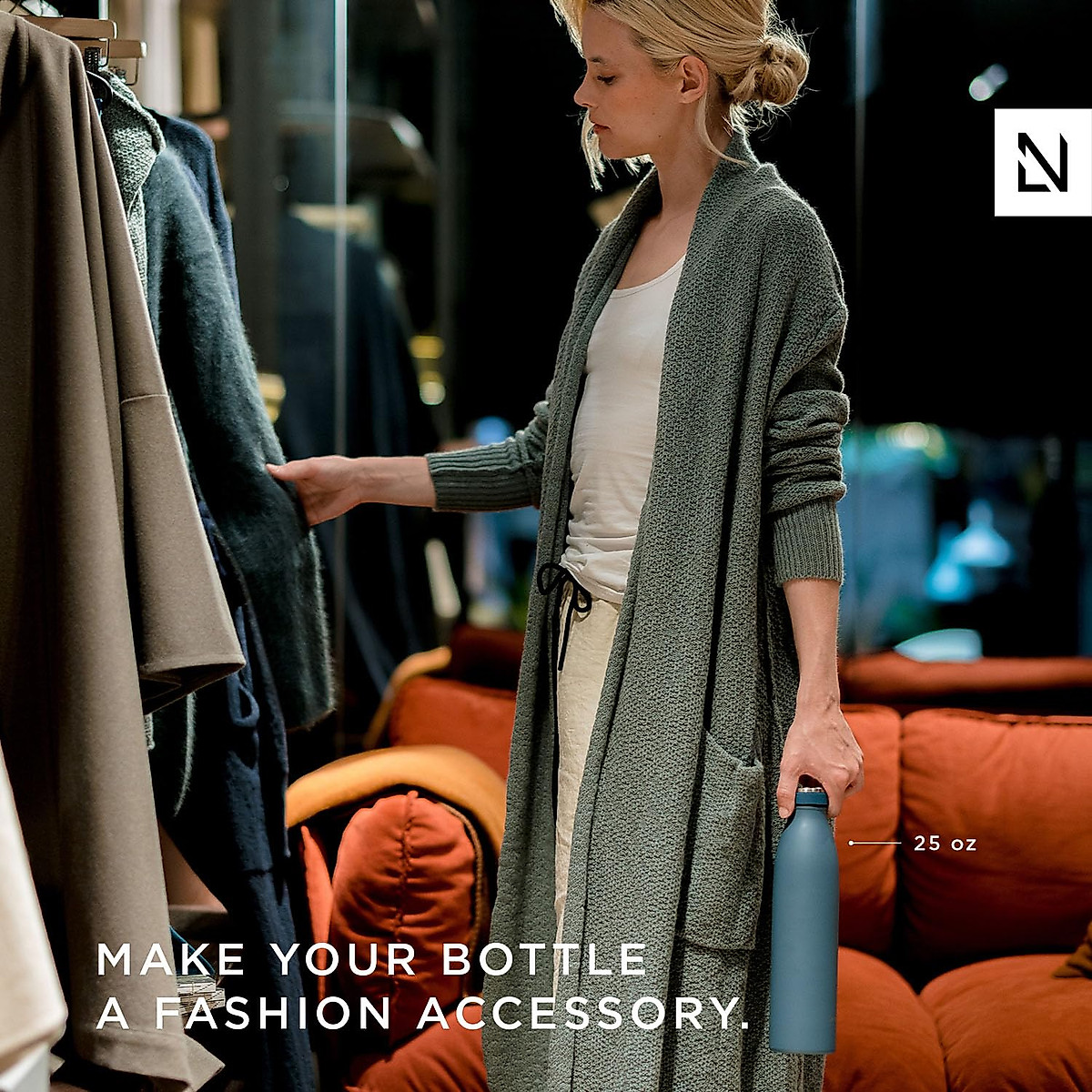 LARS NYSØM Stainless Steel Insulated Water Bottle 12oz 17oz 25oz 34oz 51oz | Insulated Thermo Flask for Hot and Cold Beverages | Leakproof Drinking Bottle (Almond Beige, 1000ml)