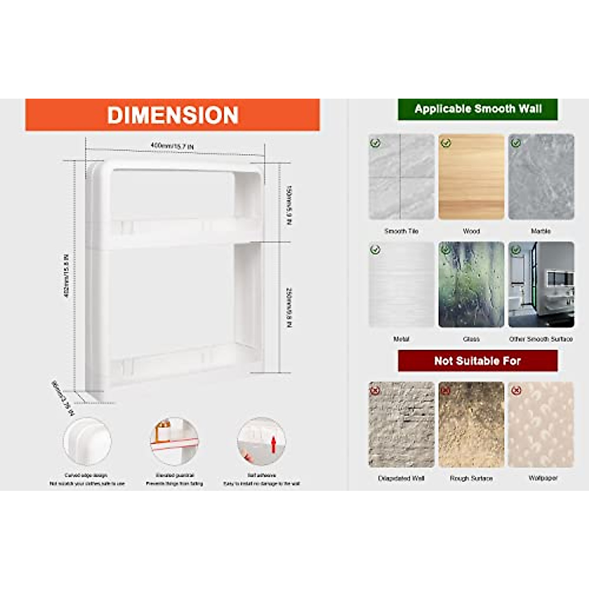 HarJue Shower Storage Shelf, Self Adhesive Shower Caddy Basket Waterproof Bathroom Storage Organization- No drill Unit Organizer Racks for Inside Shower Bathroom Kitchen, 2 Tier, Plastic-White