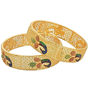 JewarHaat Kada Bangle Gold Plated Daily Use Design Handmade Meena Work Jewelry Indian Bangles for Women (Peacock-1, 2.6)