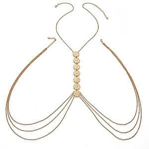 Asphire Bohemian Coin Body Chain Sexy Back Necklace Jewelry Beach Body Accessories for Women Layered Harness Bikini Chain (20 inch, Gold)