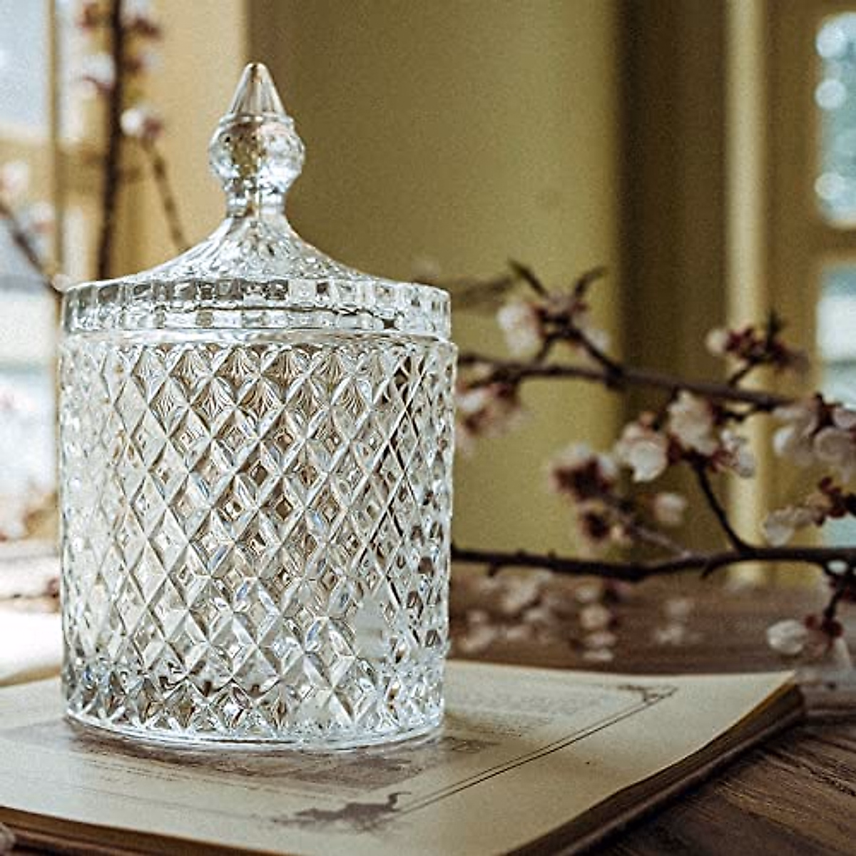 JIEQIJIAJU Glass Qtip Holder with Lid, Decorative Glass Apothecary Jar Crystal Canister Jar Bathroom Vanity Organizer for Q-tips, Cotton Ball & Swab, Cotton Pads, Hair Band, Candy Storage