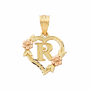 10k Beautiful Two-Tone Initial Heart Pendant for Women in Yellow and Rose Gold - Letter R