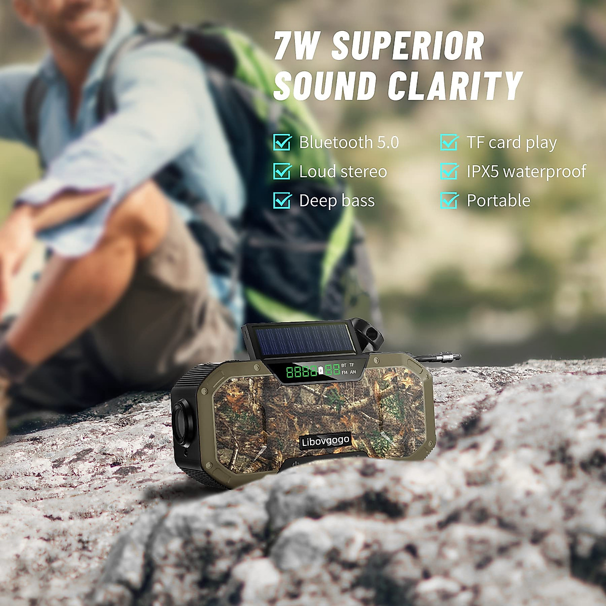 Emergency Radio Waterproof Bluetooth Speaker,Portable Digital AM FM Radio with Flashlight,Reading Lamp,Hand Crank NOAA Weather Radio with Solar Panel,5000mAH Cell Phone Charger,Bicycle Mount