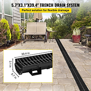 VEVOR Trench Drain System, Channel Drain with Plastic Grate, 5.7x3.1-Inch HDPE Drainage Trench, Black Plastic Garage Floor Drain, 6x39 Trench Drain Grate, with 6 End Caps, for Garden, Driveway-6 Pack
