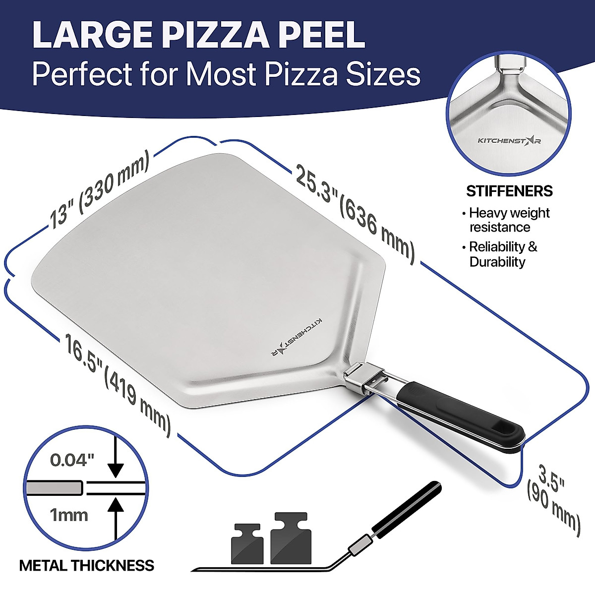 KitchenStar Stainless Steel Pizza Peel with Folding Handle (13 x 16.5 Inches) for Oven Pizza Turning, Placement and Retrieving - Professional Baking Tools Series
