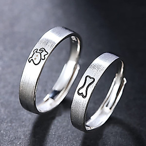 Izpack Lovely Dog Pet Matching Couples Rings for His and Her Sterling Silver 925 Minimalist Adjustable Open Engagement Wedding Promise Ring Finger Band Set Fashion Jewelry Gifts with Box