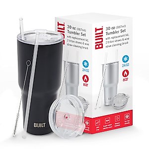 BUILT Double Walled Stainless Steel Tumbler Set with Replacement Lid, 2 Reusable Tritan Wire Straw Cleaning Brush in Gift Box, 1 Count (Pack of 1), Black, 30 fl.oz.